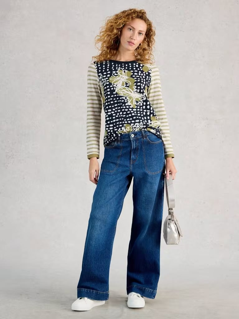 White Stuff Women’s Clara Long Sleeve Crew Neck T-Shirt - Green Print ...