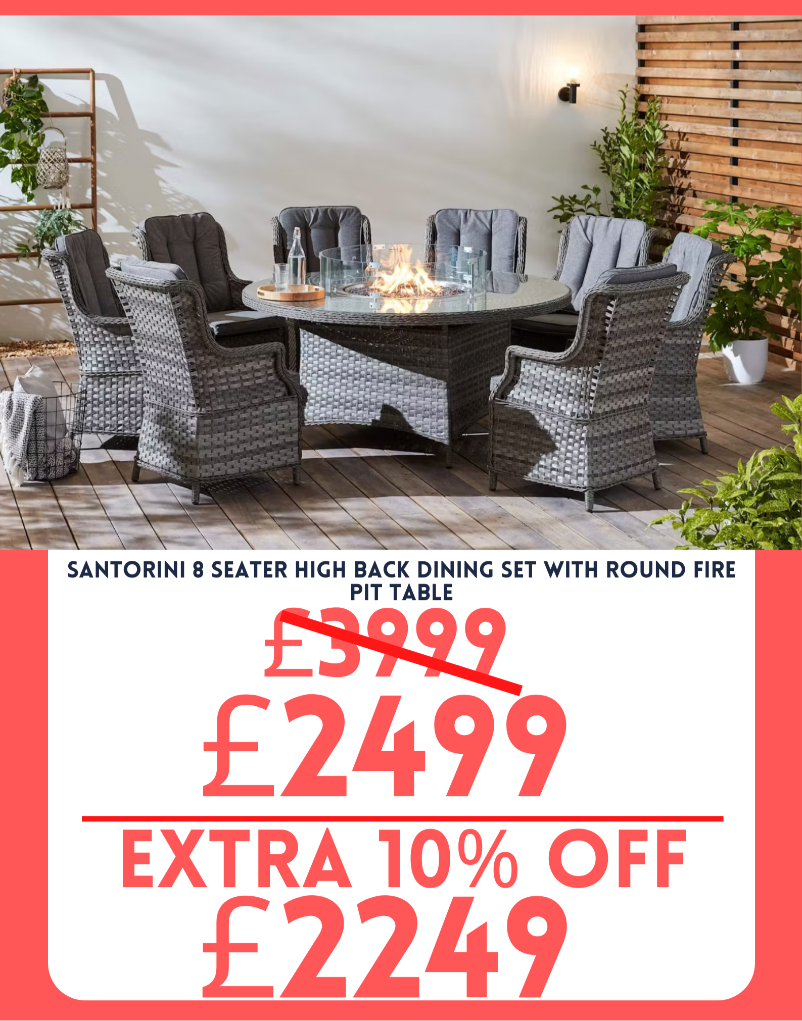 Santorini 8 Seater High Back Dining Set with Round Fire Pit Table ...
