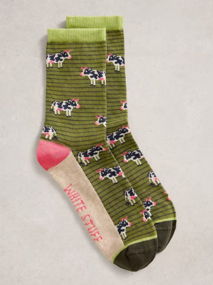 White Stuff Ladies Novelty Cow Ankle Sock in GREEN MULTI – Jacksons of ...